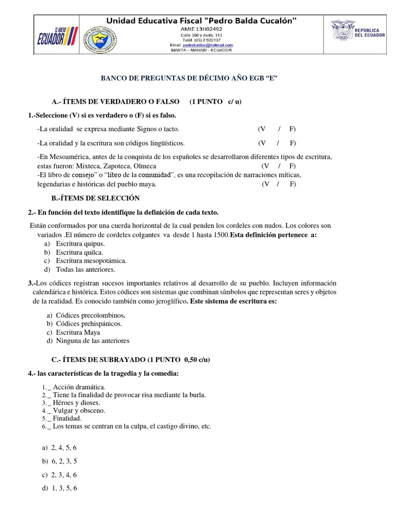 Banco de Preguntas de Décimo Año Egb. | PDF | Estereotipos | Escritura