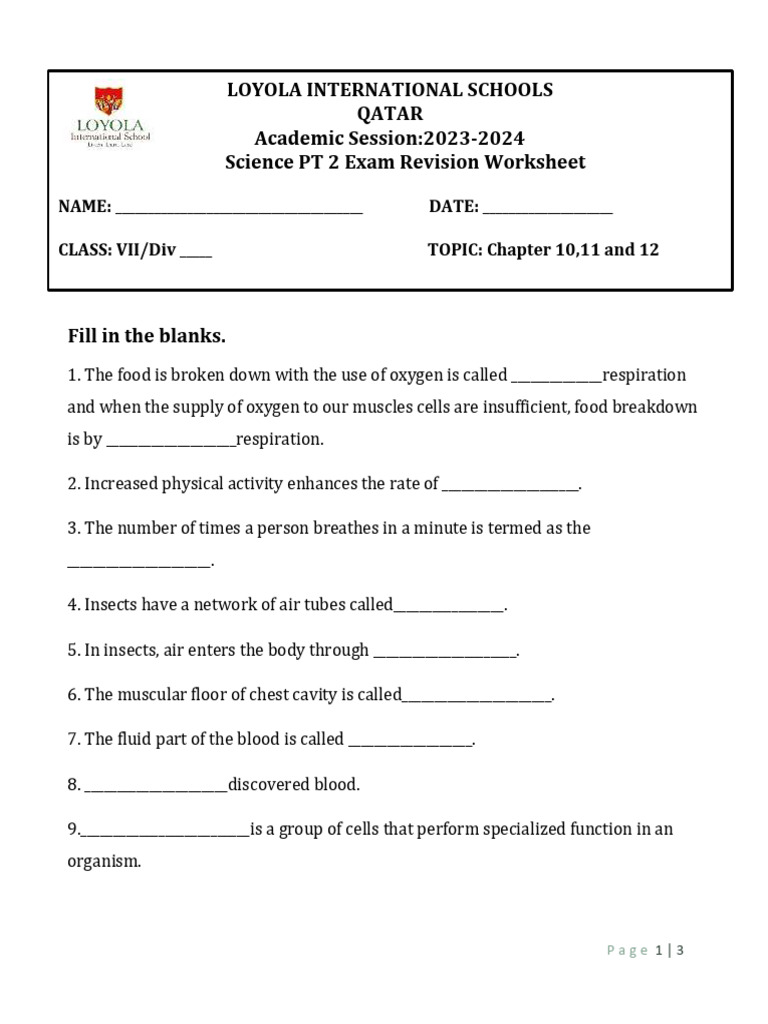 Loyola International Schools Qatar Academic Session:2023-2024 Science ...