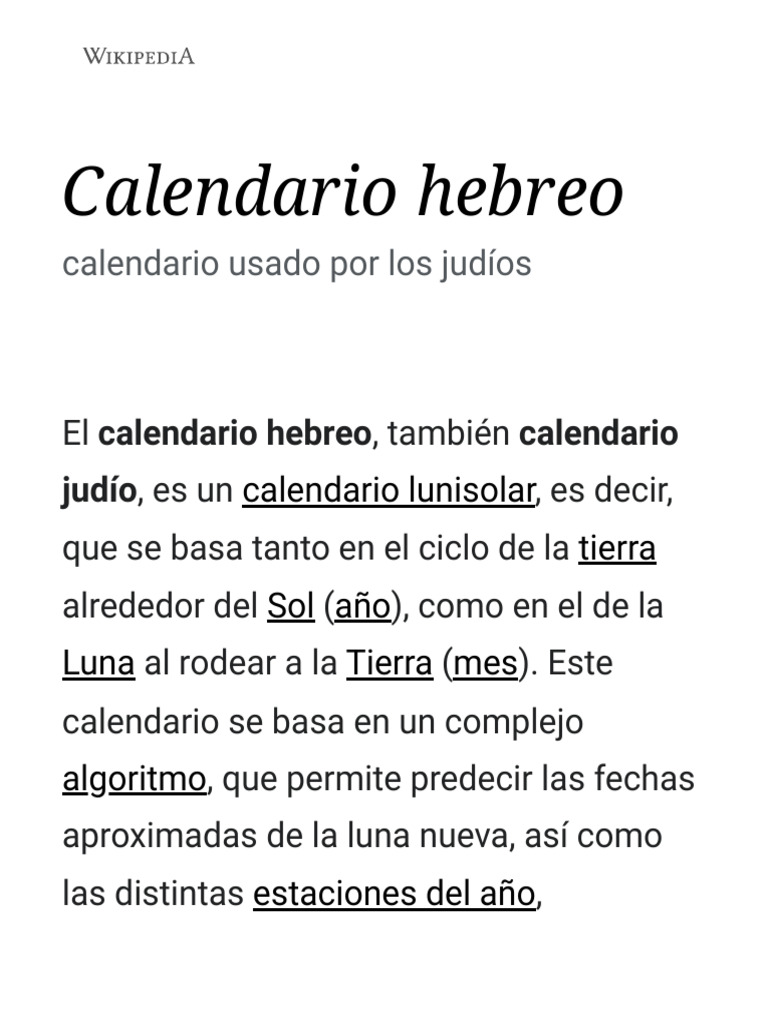 Calendario Hebreo - Wikipedia, La Enciclopedia Libre | PDF | Calendario ...