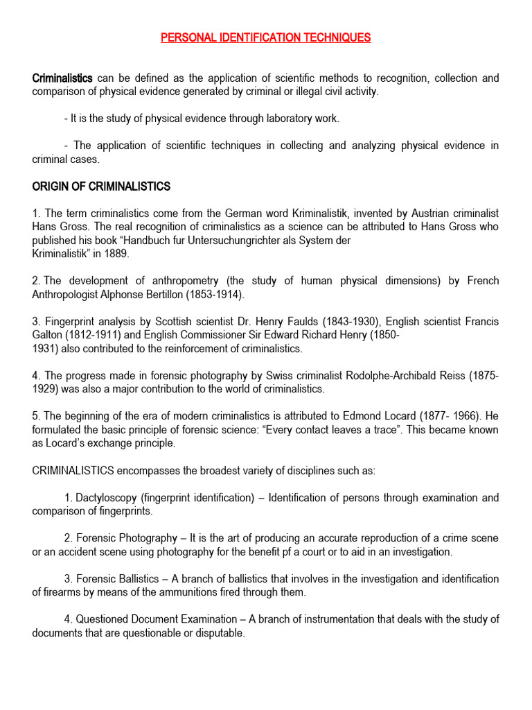 Personal Identification Techniques in Criminalistics | PDF | Forensic ...