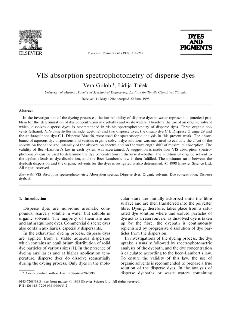 Vis Absoption Spectra of Dispersed Dyes | PDF | Dye | Solvent