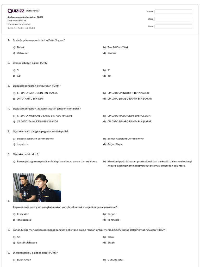Soalan-Soalan Am Berkaitan PDRM Quizizz | PDF