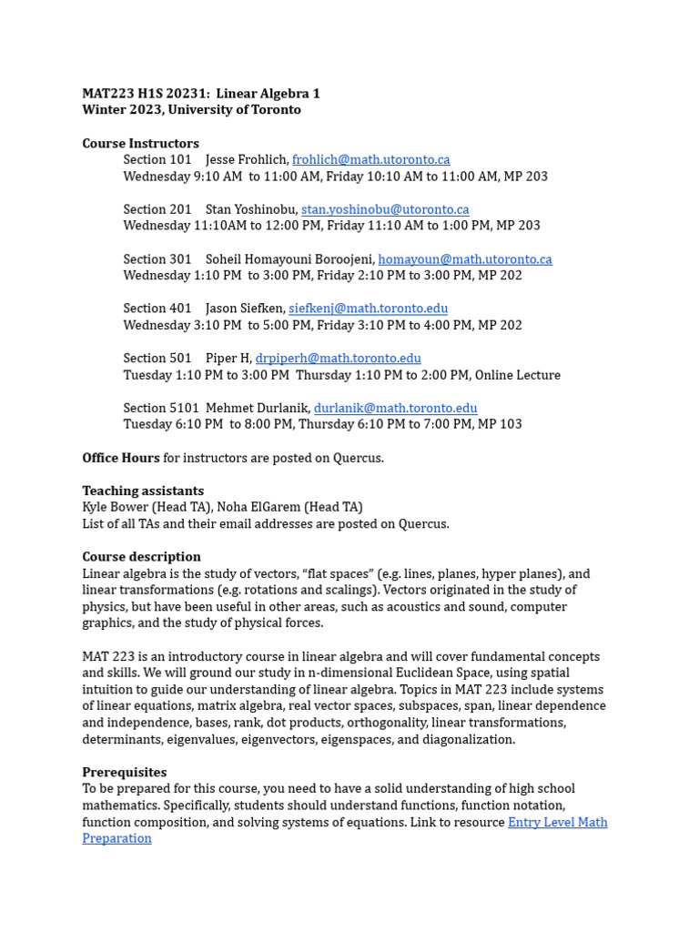 MAT223 Syllabus Winter 2023-2 | PDF | Eigenvalues And Eigenvectors ...