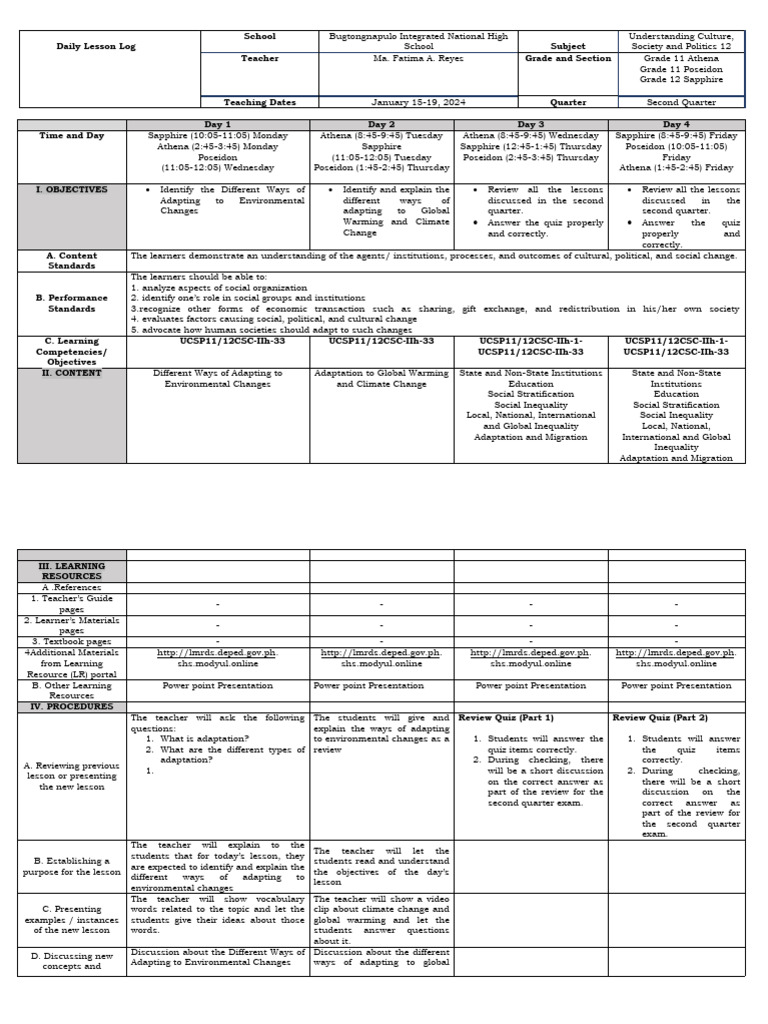 DLL - G12 - UCSP - January 15-19, 2024 | PDF | Climate Change | Cognition
