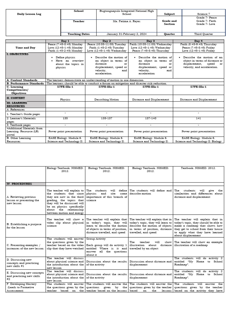 Grade 7 Physics Lesson Plan | PDF | Learning | Teachers