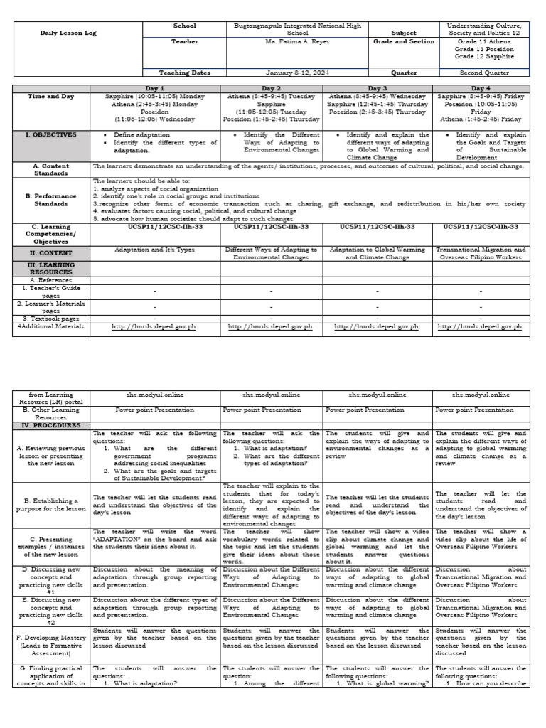 DLL - G12 - UCSP - January 8-12, 2024 | PDF | Climate Change | Learning