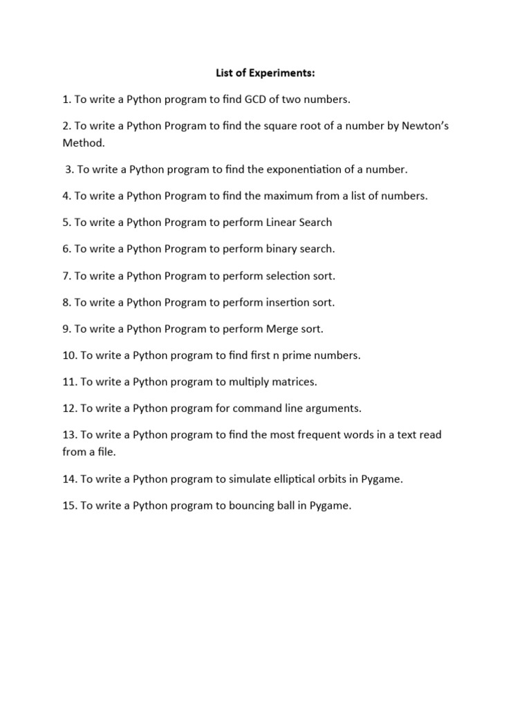 Python - List of Experiments | PDF