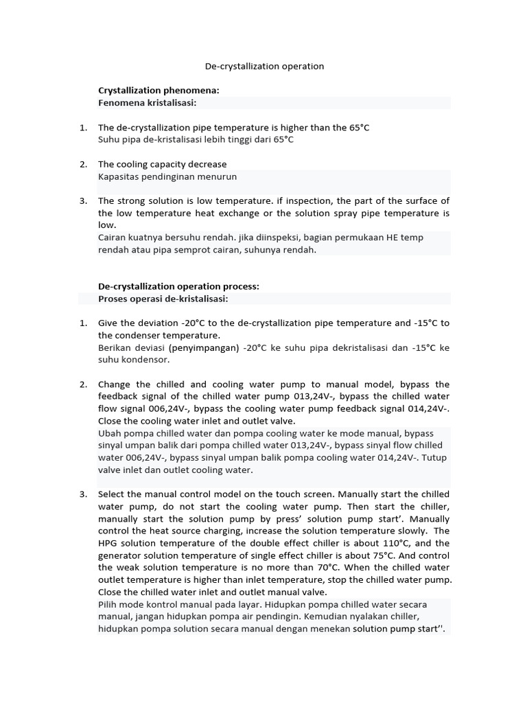 De-Crystallization Operation Guide | PDF | Water | Pump