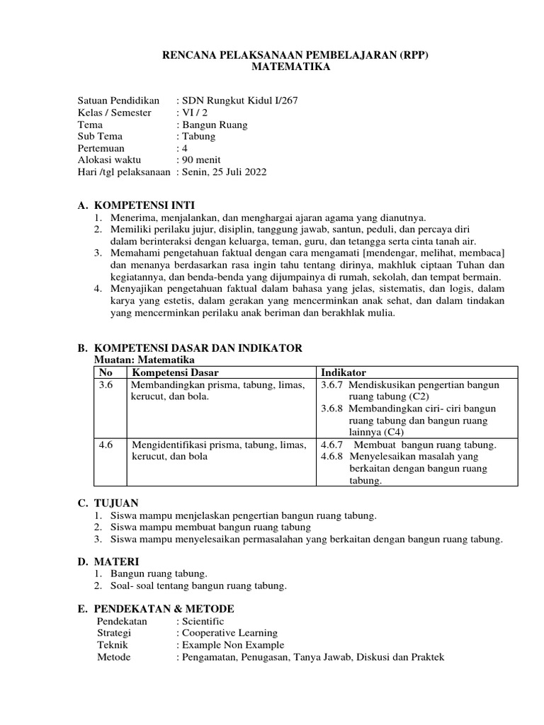 RPP MATEMATIKA (Bangun Tabung) - Compressed | PDF