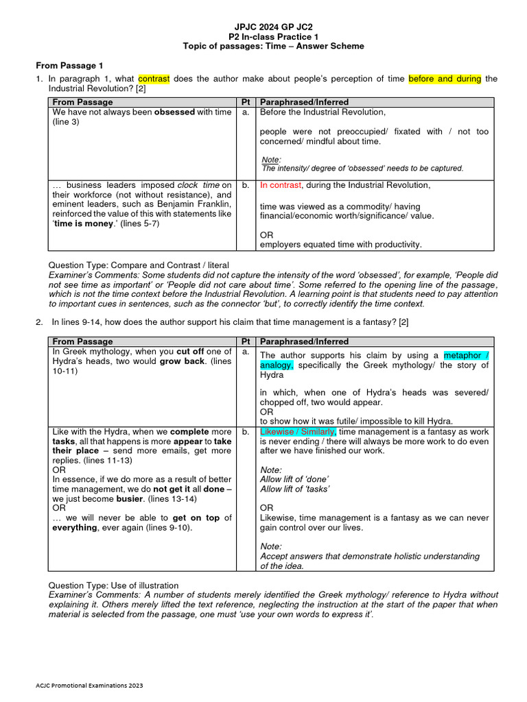 ACJC Time - Answer Scheme - Updated 11 Jan 24 | PDF | Argument | Time