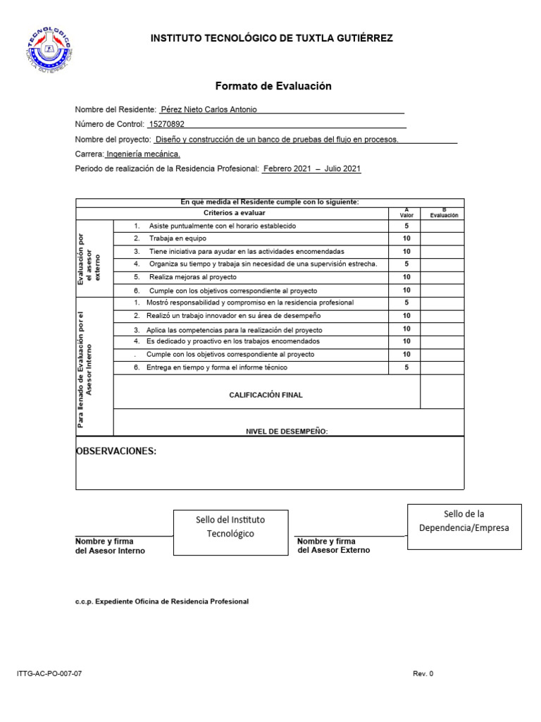 Evaluación Residencia-ITTG-AC-PO-007-07 R0 | PDF | Evaluación
