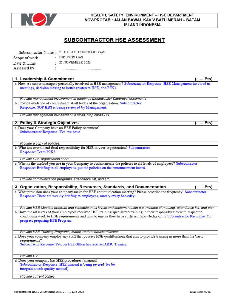 Subcontractor HSSE Assessment & Questioner - HSE Form | PDF ...