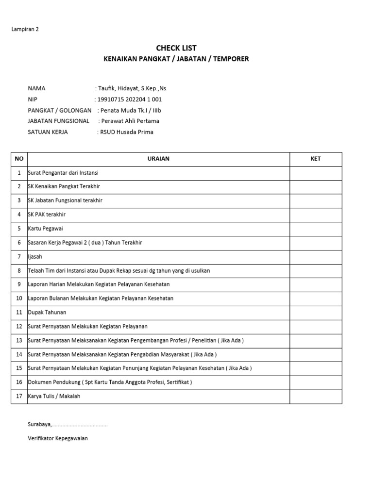 Ceklist Naik Pangkat Contoh | PDF