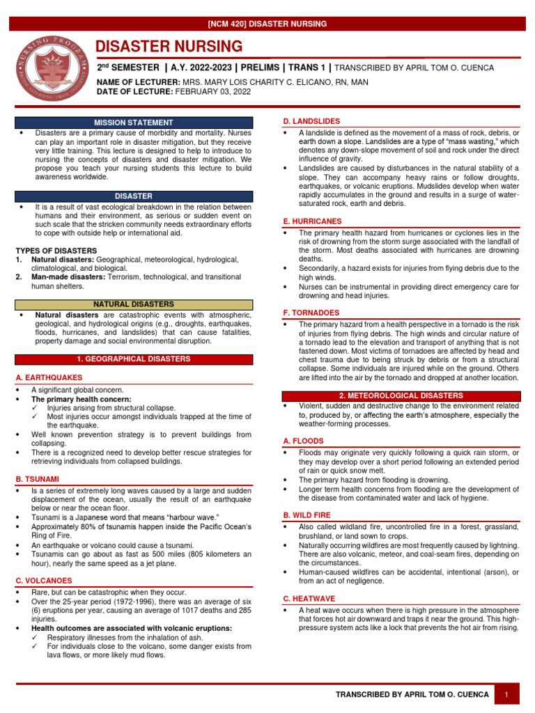 NCM 420 Complete Prelims Transes | PDF | Natural Disasters | Emergency Management