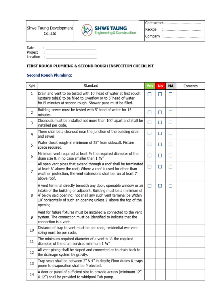 Plumbing Rough-In Inspection Checklist | PDF | Plumbing | Shower