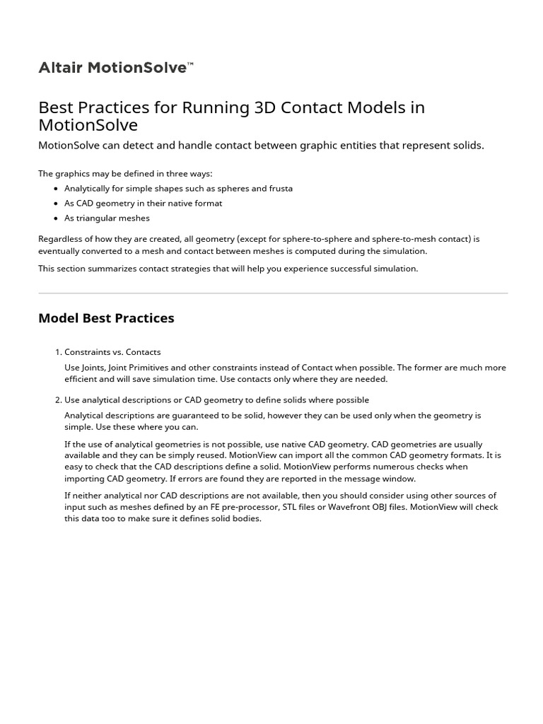 Best Practices For Running 3d Contact Models In Motionsolve Pdf 3 D