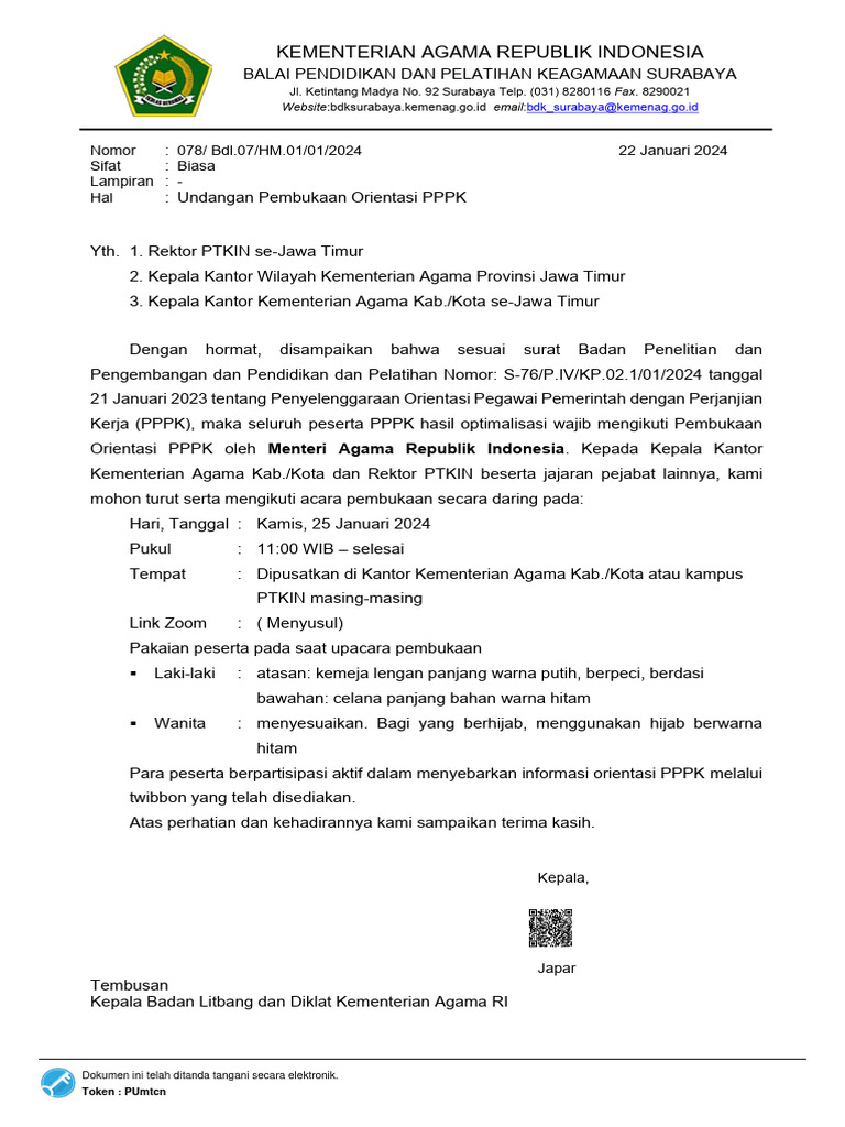 78 - Undangan Pembukaan Orientasi PPPK Optimalisasi 2024 | PDF