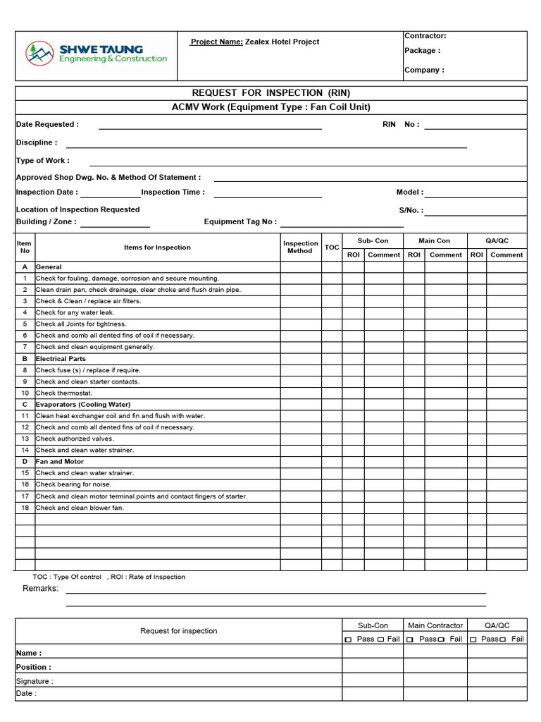 ACMV Rough-In Inspection Checklist | PDF | Duct (Flow) | Pipe (Fluid ...