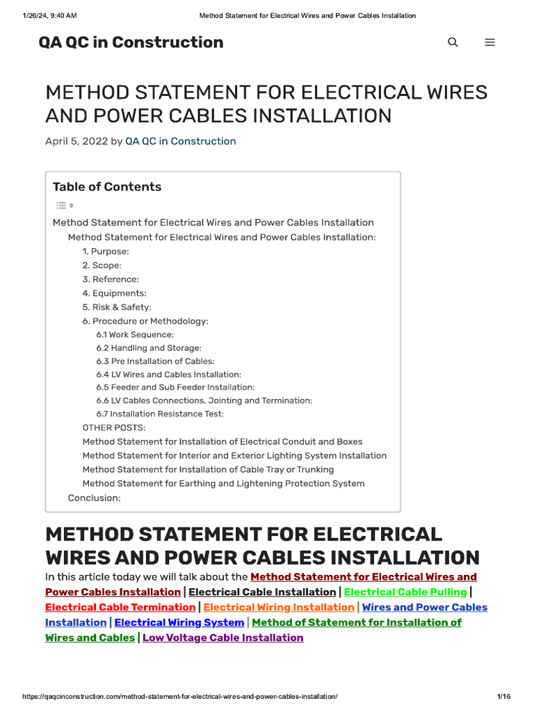 Method Statement For Electrical Wires and Power Cables Installation | PDF