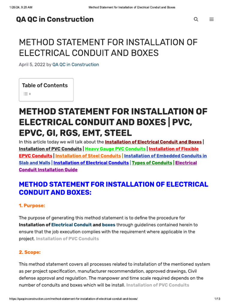 Method Statement For Installation of Electrical Conduit and Boxes | PDF