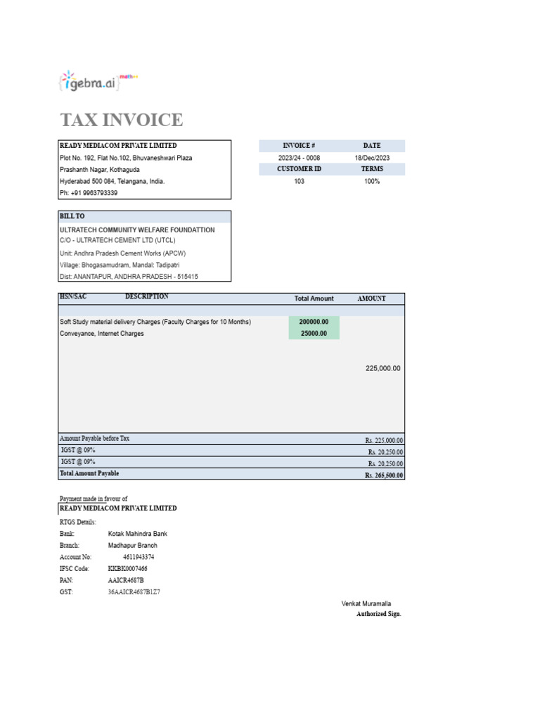Ultratech Cement Invoice 2023-24-0008 | PDF