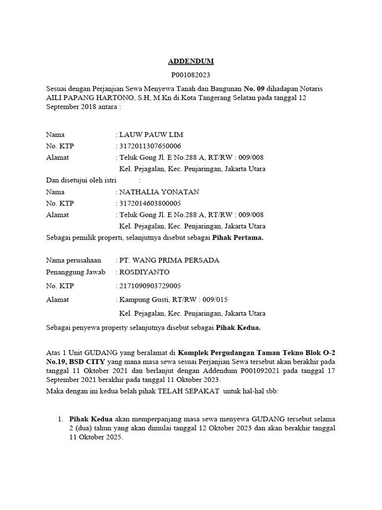 Addendum 2021 Perpanjang Sewa Gudang Tekno O2 No 19, BSD CITY Salinan | PDF