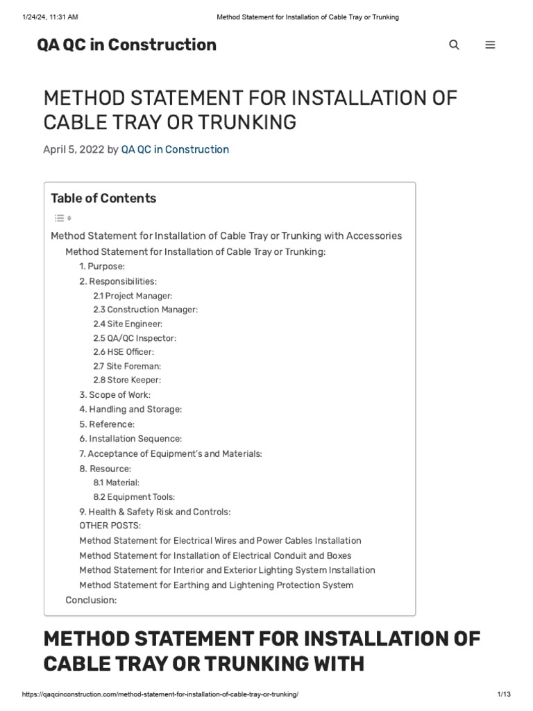 Method Statement For Installation of Cable Tray or Trunking | PDF | Electrical Wiring | Building ...