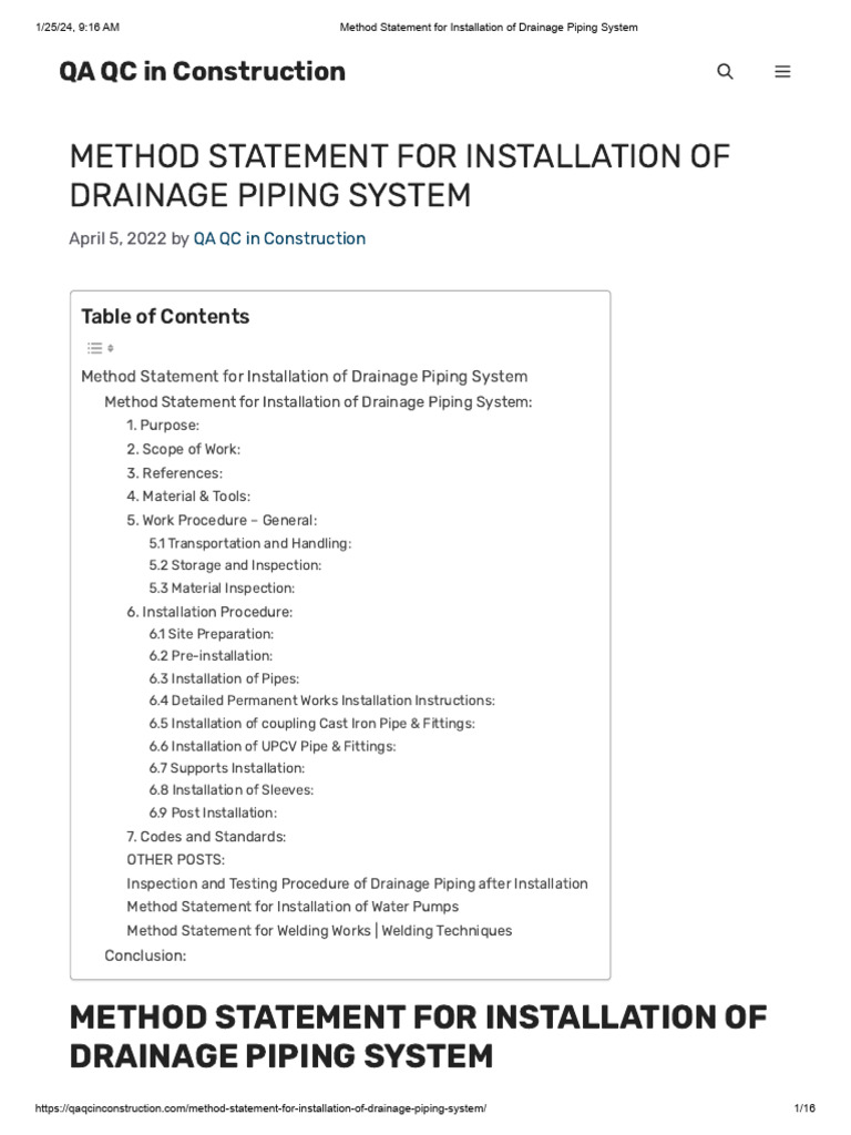 Method Statement For Installation of Drainage Piping System | PDF ...