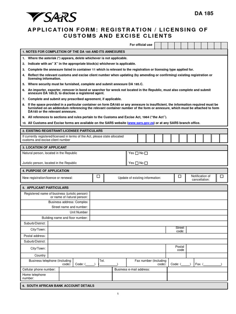 DA 185 - Application Form - Registration or Licensing of Customs and ...
