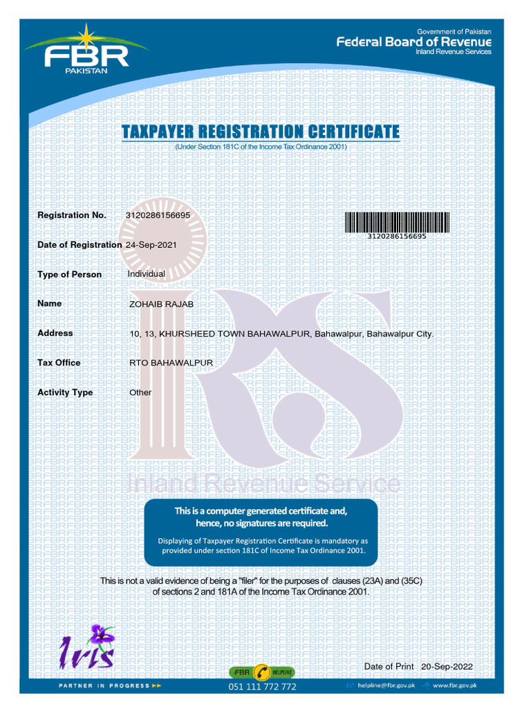 TaxPayer Registration Certificate ZOHAIB | PDF