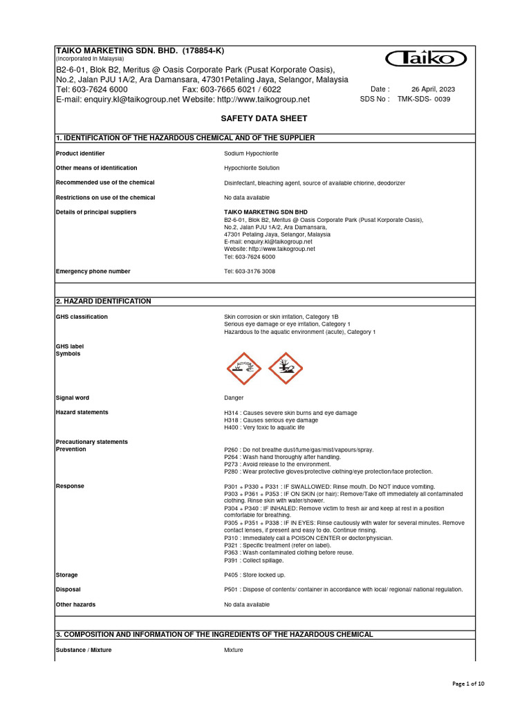 TMK-SDS-0039 - Sodium Hypo | PDF