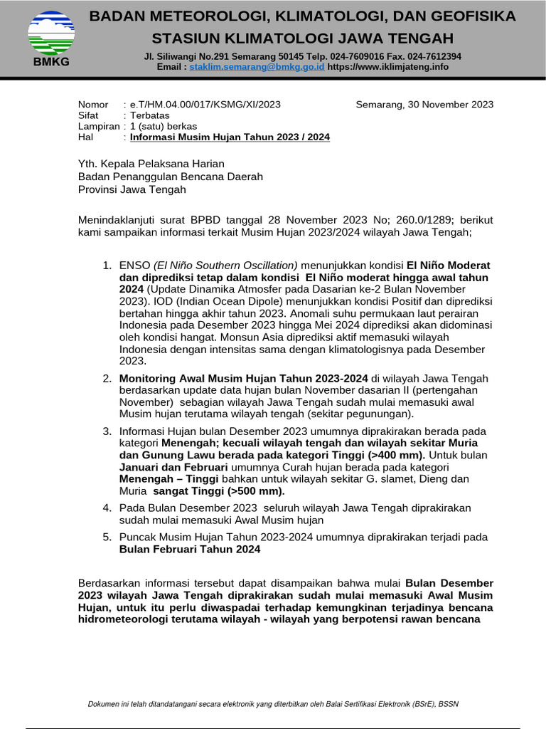 Informasi - Musim Hujan 2023-2024 (BMKG) | PDF