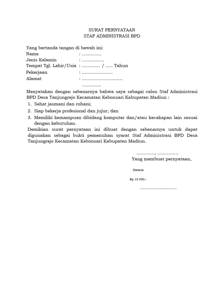 Surat Pernyataan Calon Staf BPD 0 | PDF