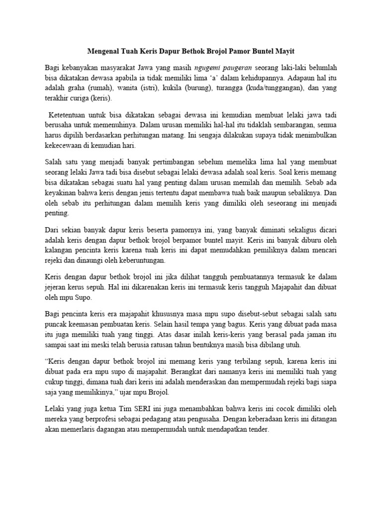 Mengenal Tuah Keris Dapur Bethok Brojol Pamor Buntel Mayit | PDF ...