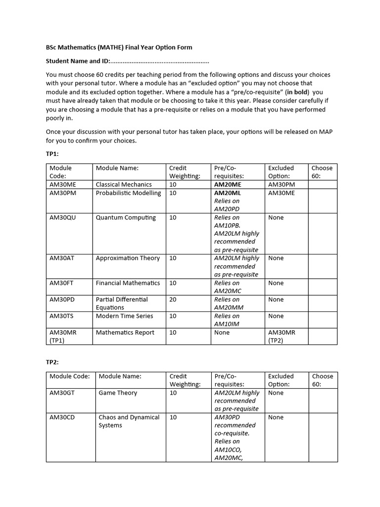 FY MATHE Options Form | PDF