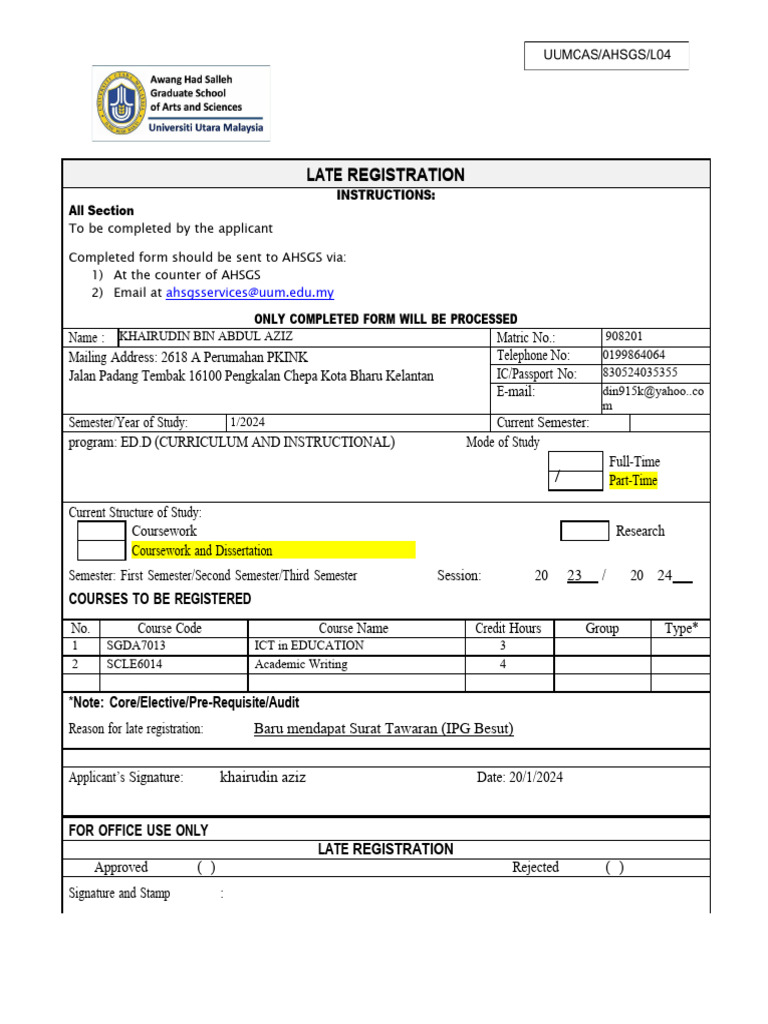 Form Late Registration - Khairudin Abdul Aziz | PDF