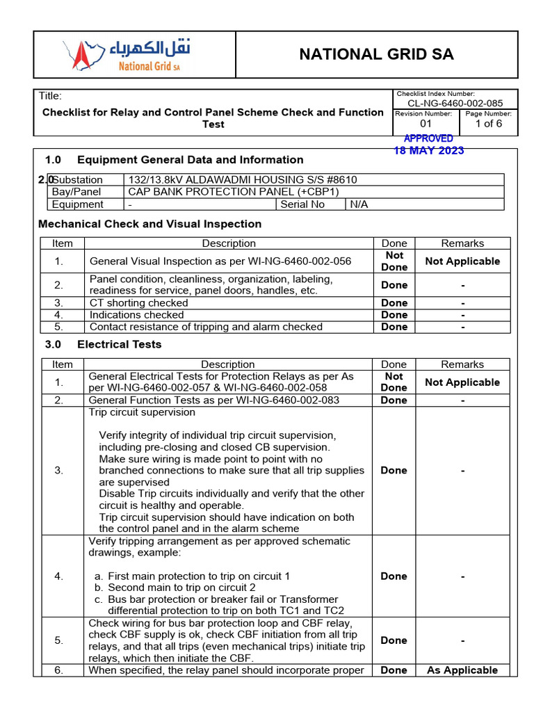 CL-NG-6460-002-085 Checklist For Relay & Control Panel Scheme Check and ... CL-NG-6460-002-085 Checklist For Relay & Control Panel Scheme Check and ...