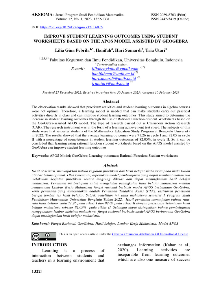 Improve Student Learning Outcomes Using Student Worksheets Based On The Apos Model Assisted by ...