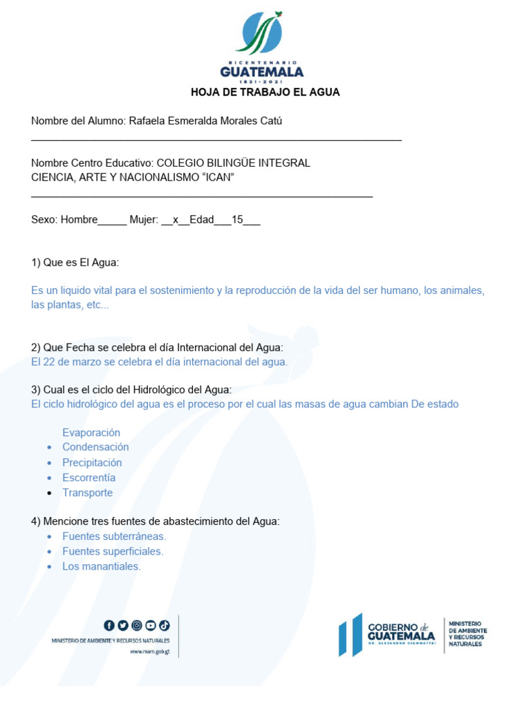 Hoja de Trabajo: El Ciclo del Agua | PDF | Ciencias sociales | Salud y ...