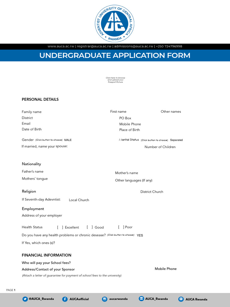 AUCA - Undegraduate Application Form Fillable | PDF