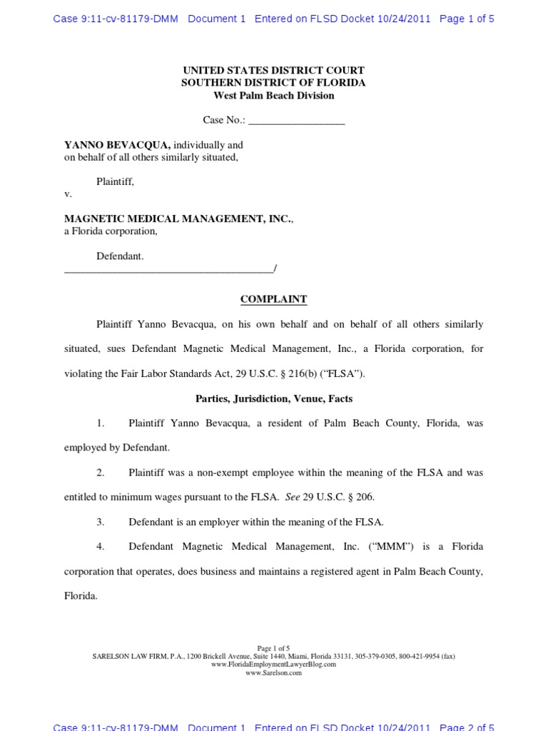FLSA Complaint Against Magnetic Medical Management | PDF | Fair Labor ...