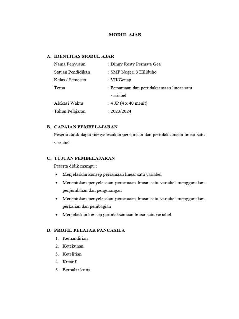 Modul Ajar Persamaan Dan Pertidaksamaan Linear Satu Variabel | PDF Modul Ajar Persamaan Dan Pertidaksamaan Linear Satu Variabel | PDF
