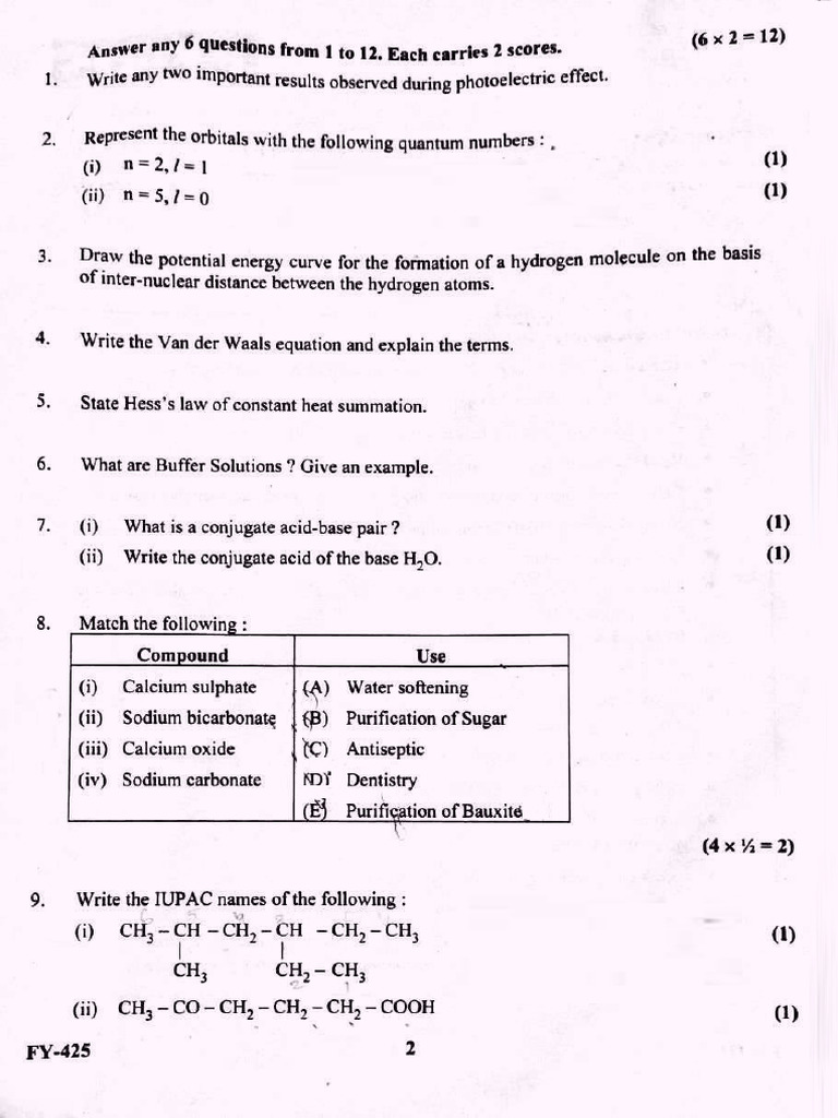 Plus One Improvement Exam 2022 - Chemistry Question Paper | PDF