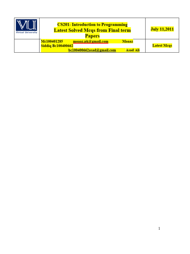 CS201 - Word Document | PDF | Pointer (Computer Programming) | Parameter (Computer Programming)