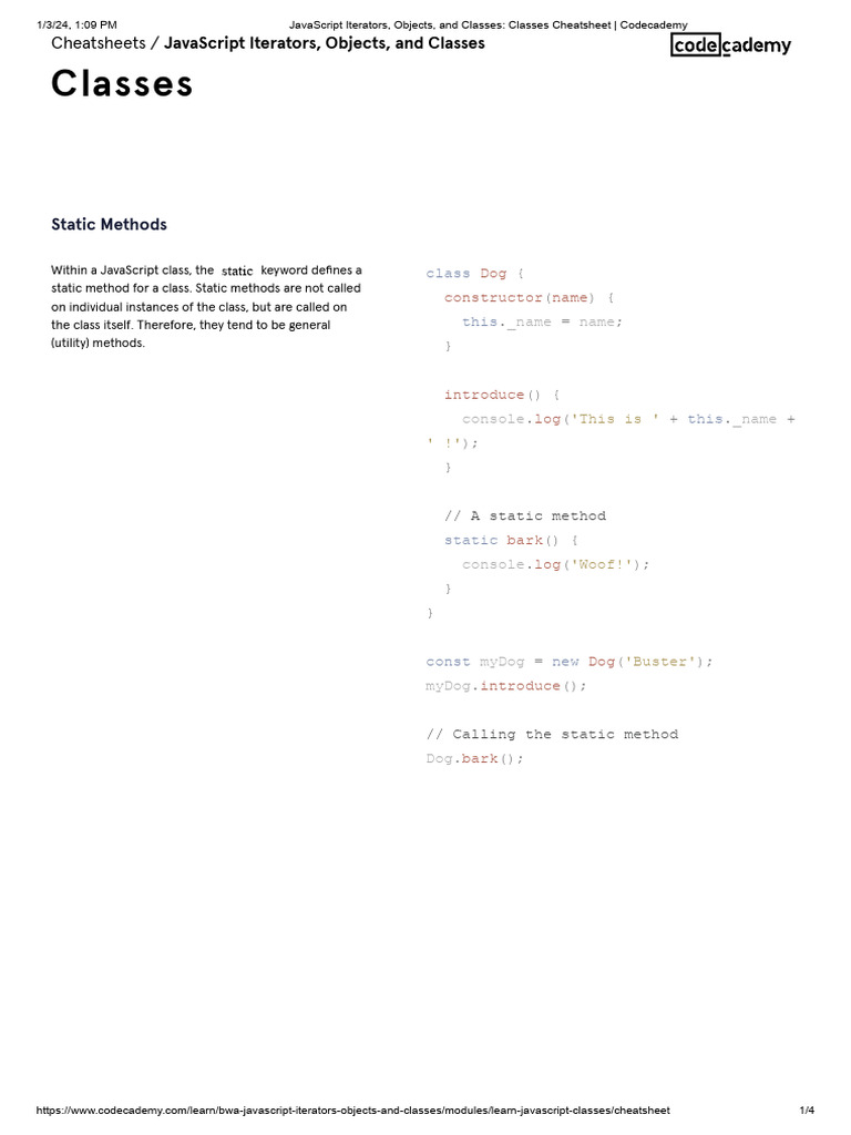 JavaScript Classes Cheatsheet | PDF | Class (Computer Programming) | Programming