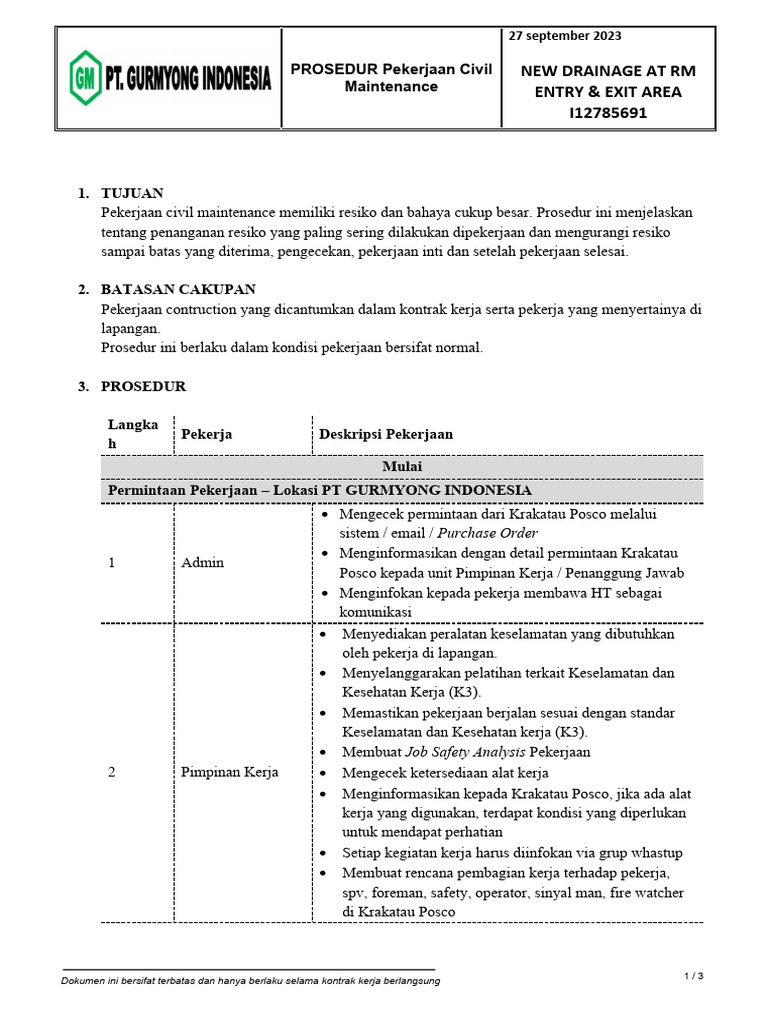 Prosedur Pekerjaan Civil Maintenance | PDF