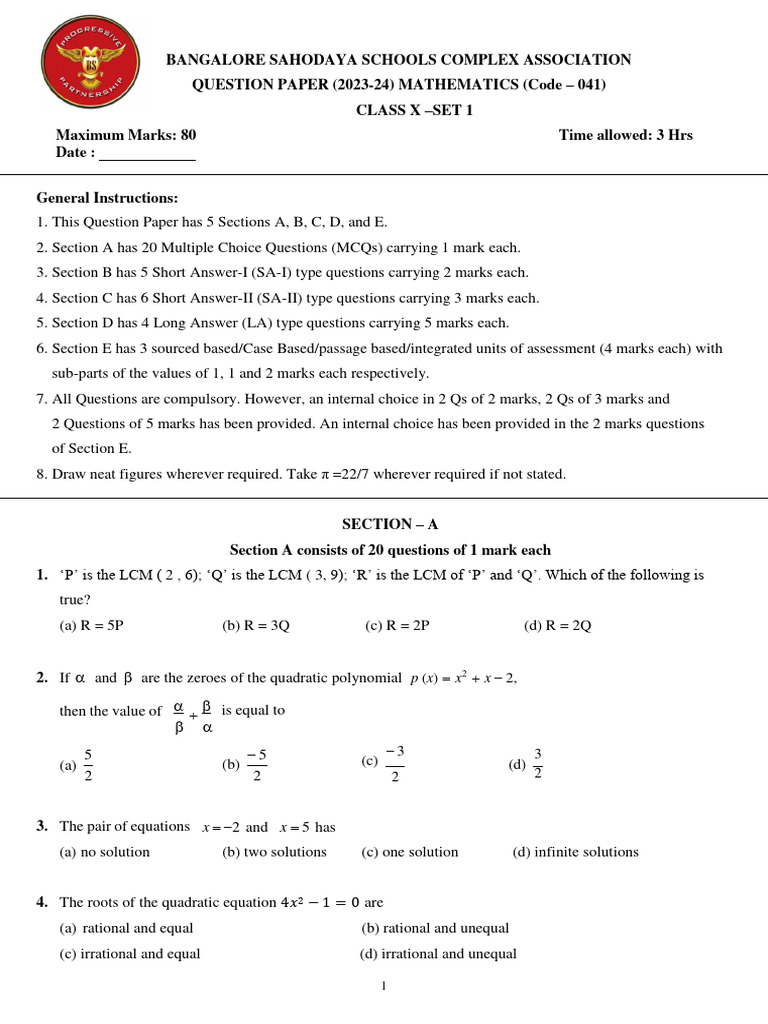 Sahodaya 23-24 Copy of STD Maths Set 1 | PDF | Sphere | Circle