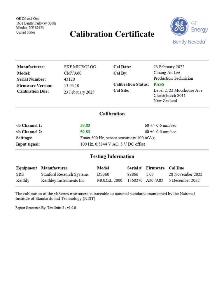 SKF MICROLOG CMVA60 Calibration Certificate | PDF