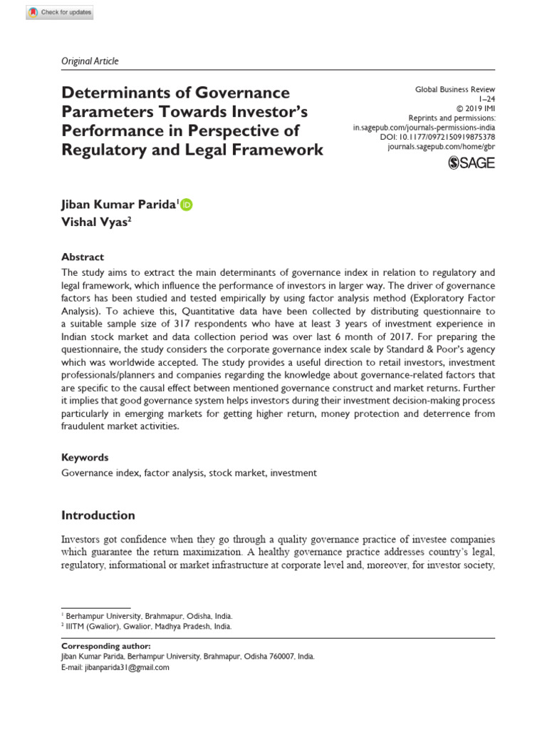 Determinants of Governance Parameters Towards Investor's Performance in Perspective of ...