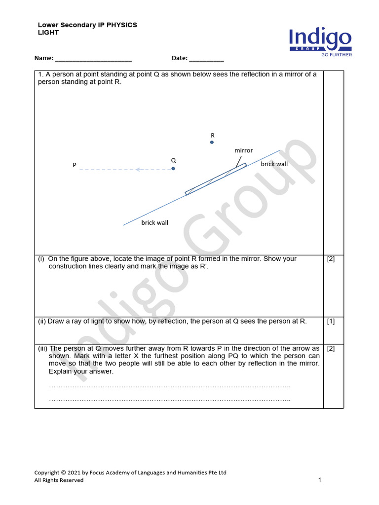 S2 IP Physics - Light Short Quiz SC | PDF